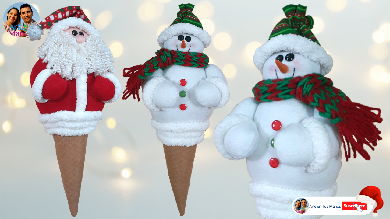 Conos Navideños Con Santa Claus y Muñeco de Nieve Arte en Tus Manos ...